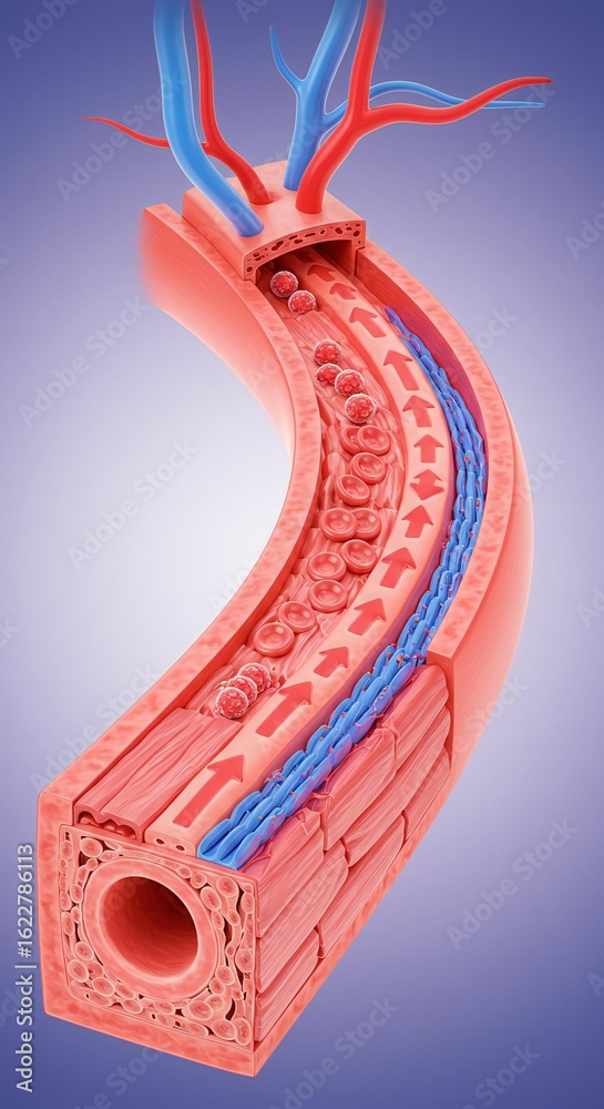 Intestine Anatomy Cross Section Diagram with Blood Vessels and Cells ...