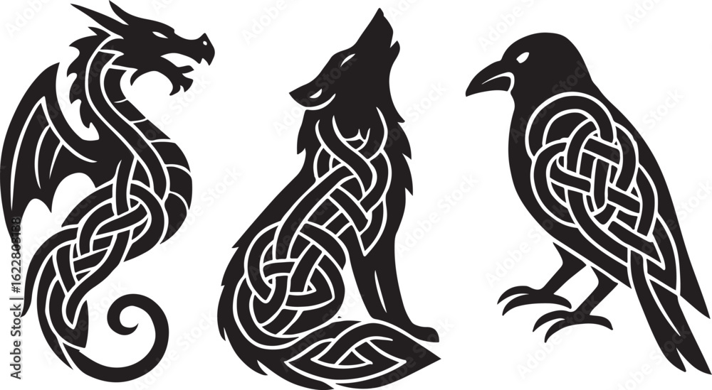 Black Celtic knot dragon wolf and raven silhouette graphic design bird Stock Vector | Adobe Stock