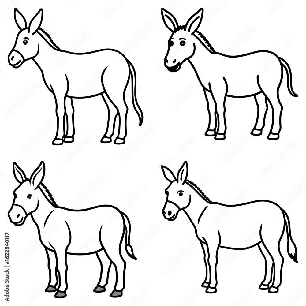 Four outlined donkeys in various poses with detailed facial features ...