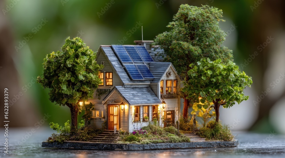 Miniature, detailed house model, solar panels, lush trees, lit windows ...