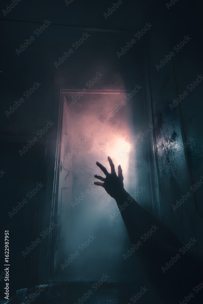 Fotografia do Stock Scary horror door with hand of ghost, zombie or ...