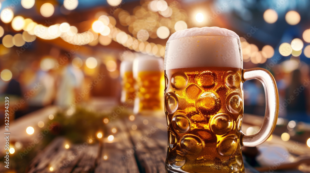 Cold mugs of beer on a wooden table under warm lights in a bustling ...