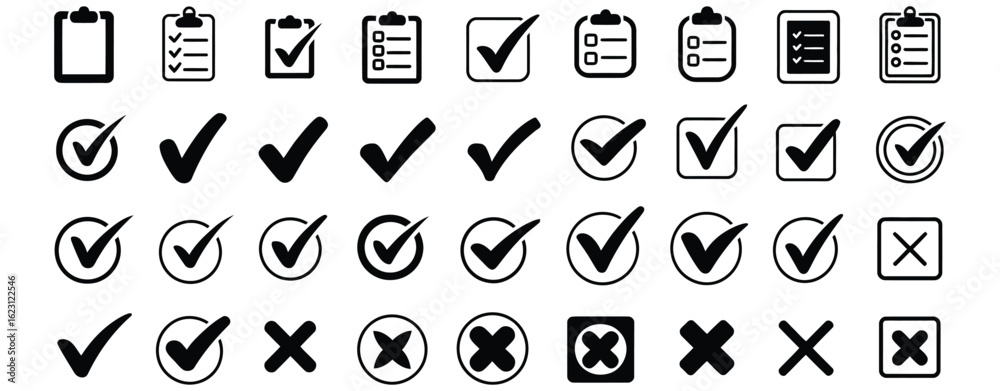 Checklist and Form Icons, Set of Check Symbols, X Marks, and Clipboard ...