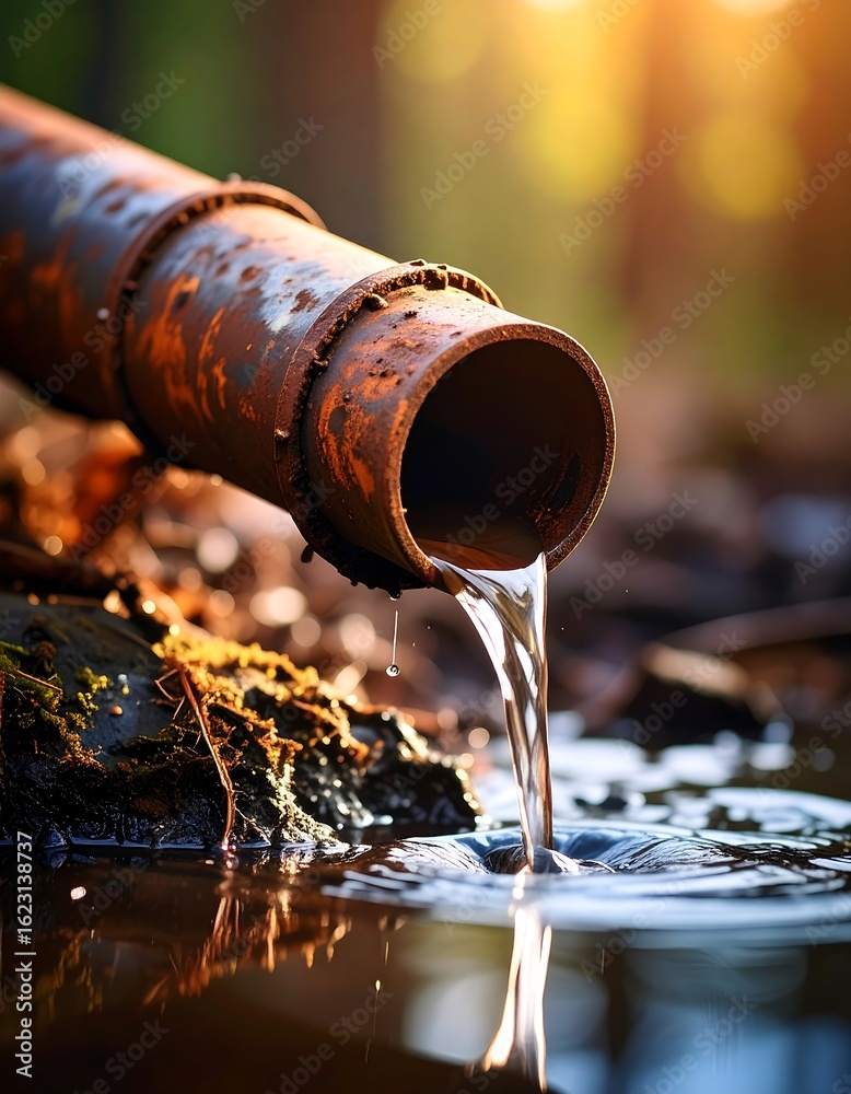 Rusty pipe pouring water into puddle (1) Stock Photo | Adobe Stock