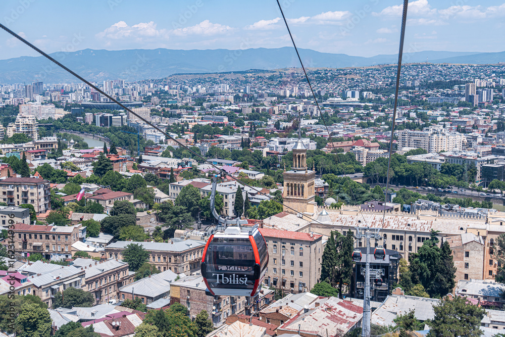 Cable car to Mtatsminda park from the main avenue of Tbilisi city ...