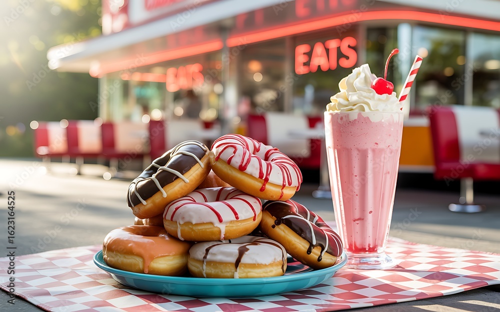 Pile of assorted iced donuts and a pink strawberry milkshake with ...