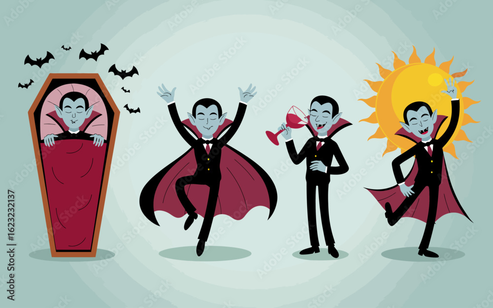 Four Stages of a Vampire Sleeping in Coffin, Joyful Dance, Drinking ...