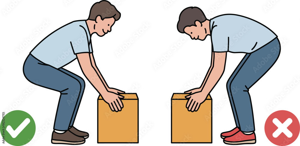 Correct and incorrect postures for lifting heavy objects safely Stock ...
