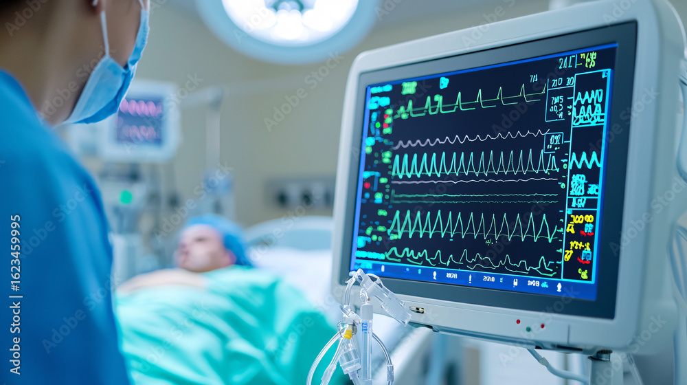 Patient monitor displaying vital signs in hospital operating room ...