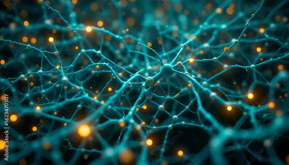 Glowing Teal Neural Network with Orange Synapses on Dark Abstract ...