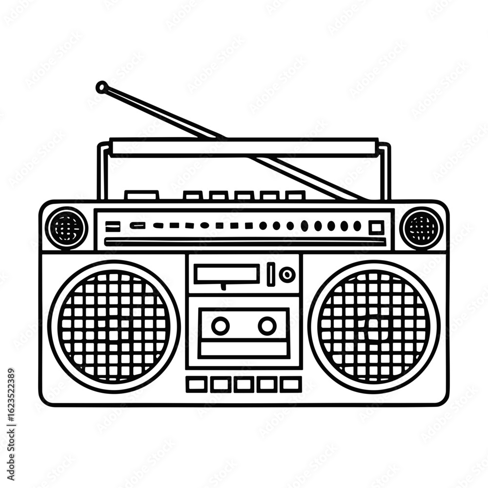 Retro Boombox A detailed line drawing of a classic boombox, a symbol of ...