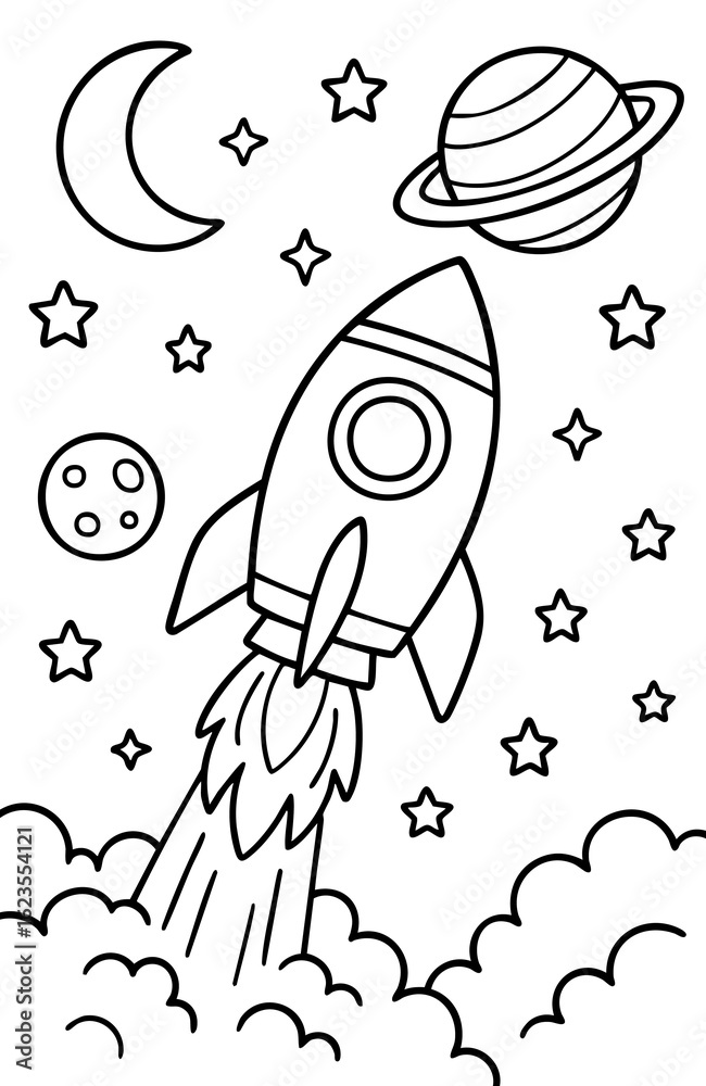 coloring page for children, black outline. Rocket illustration ...