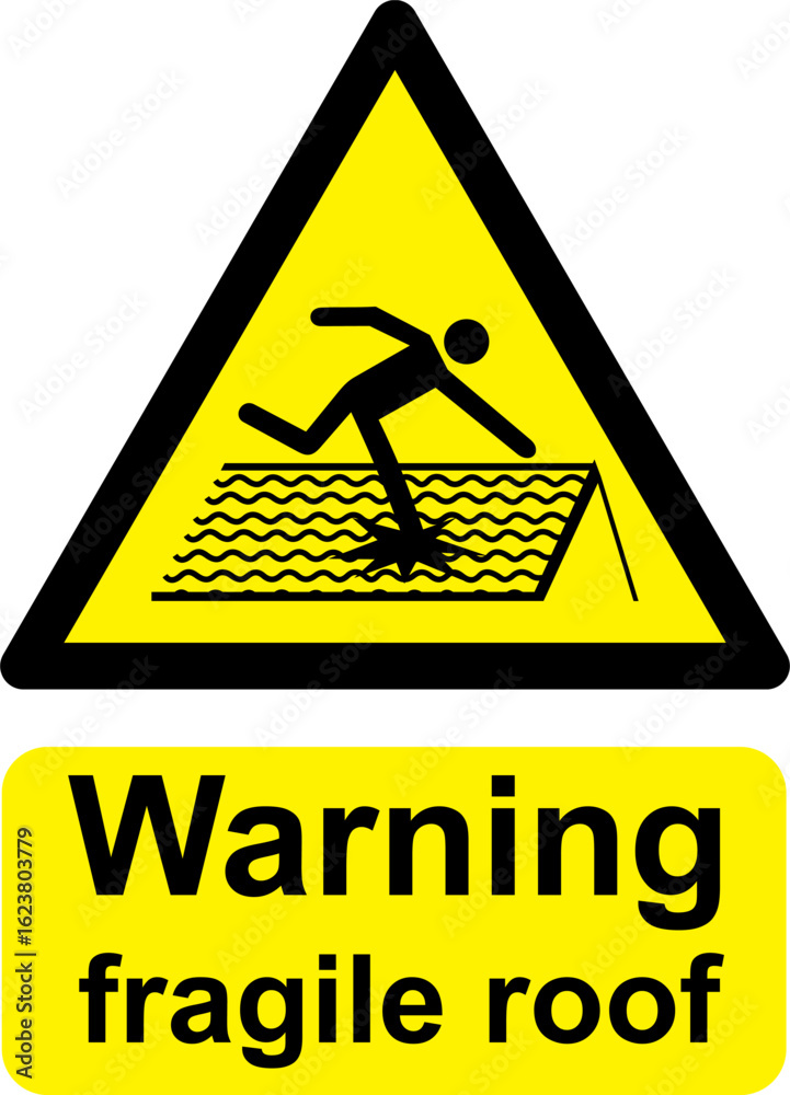 Black and yellow vector graphic of Warning fragile roof warning sign ...