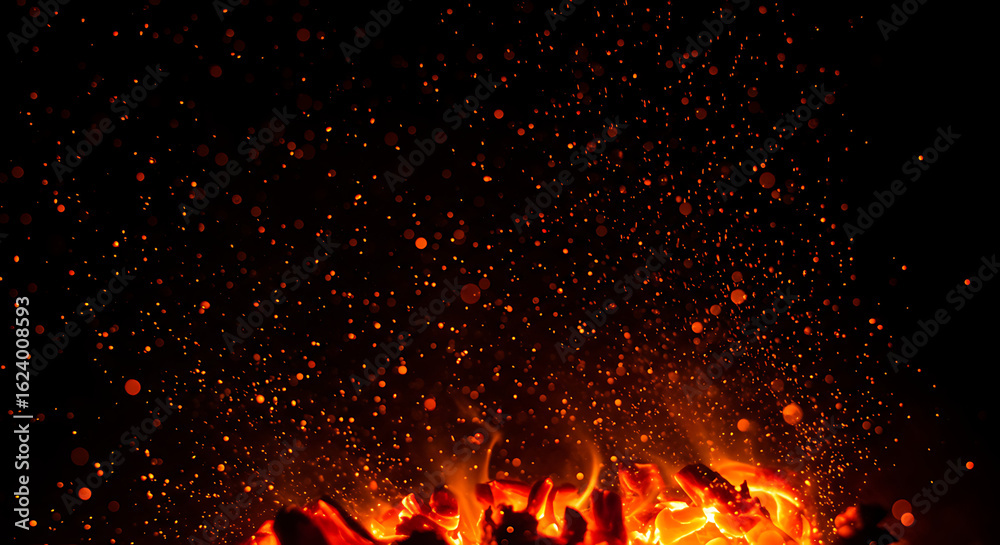 Glowing fire embers and sparks floating over dark black background ...