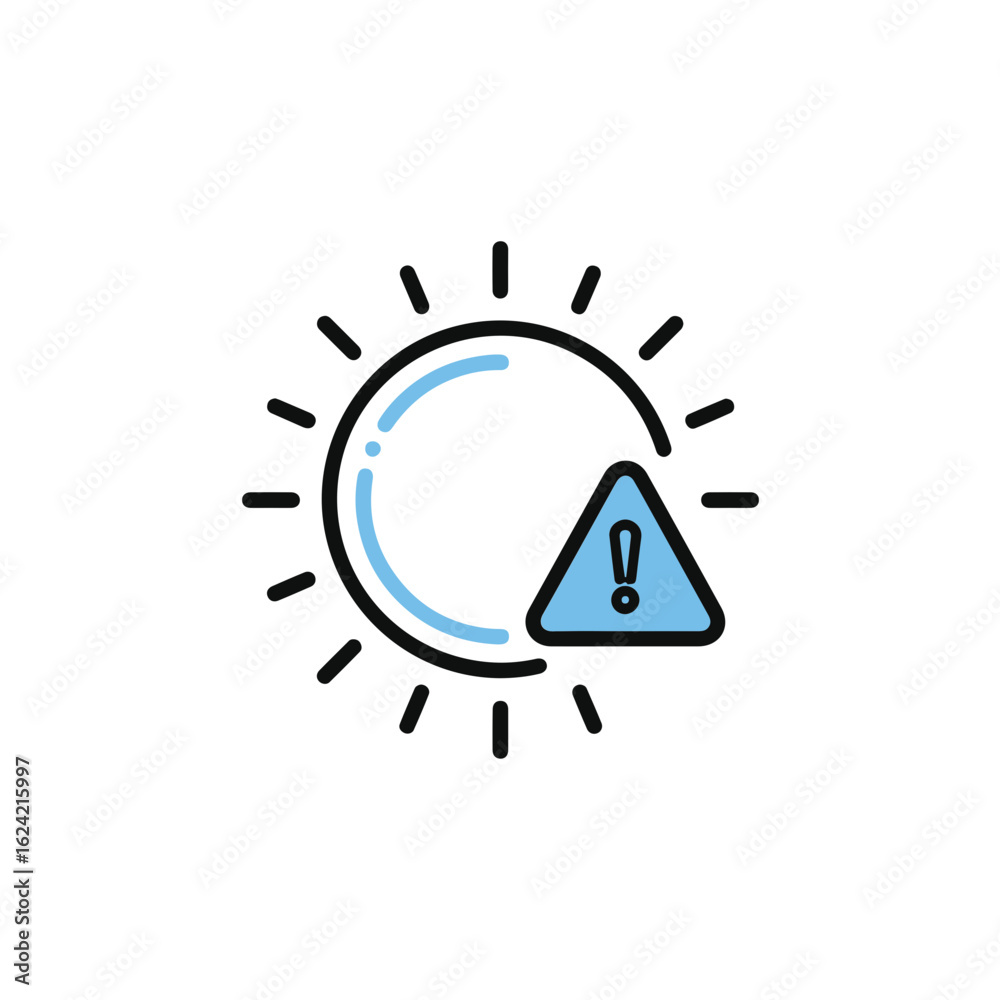 Sun icon with an exclamation mark, representing a heat alert or warning ...