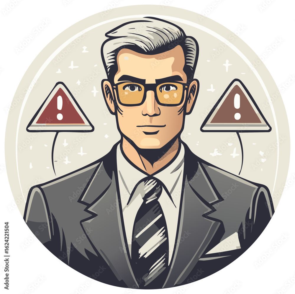 Serious businessman with floating warning signs illustration for risk ...