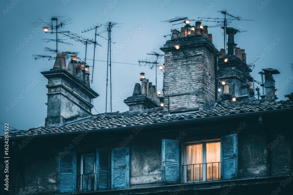 Old building rooftop at twilight, with chimneys, antennas, and lit ...