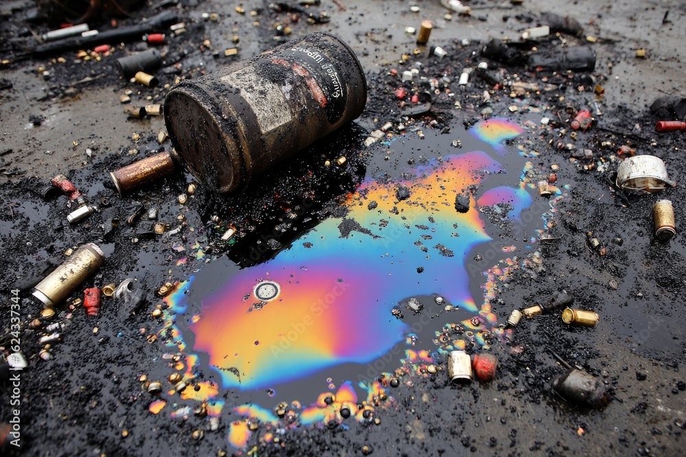 Oil spill on dark ground, littered with spent cartridges Stock Photo ...