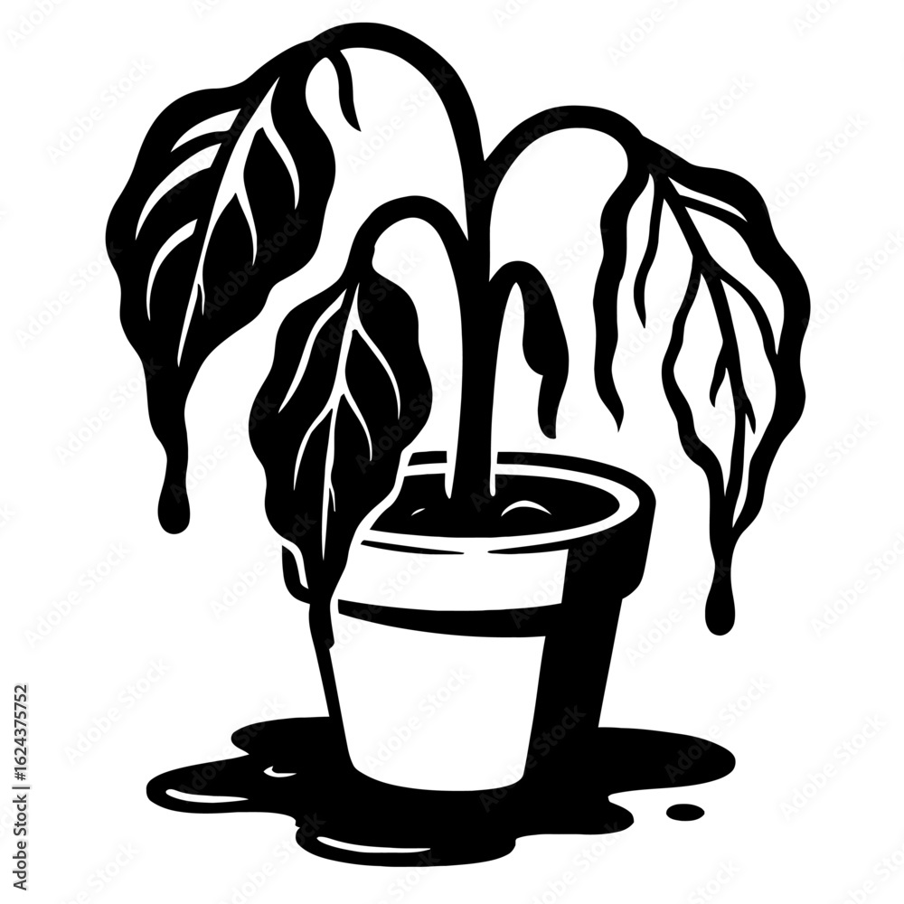 Wilted and Dying Plant in a Pot with a Water Puddle - Neglect and Decay ...