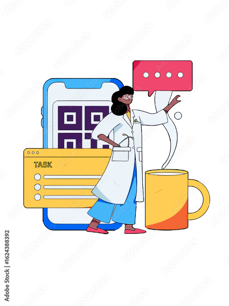 Scientist navigating a modern digital health platform with QR codes and ...