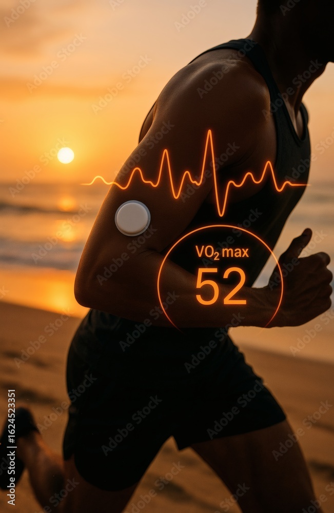 Runner with Wearable Health Patch and VO2 Max Display on Beach at ...