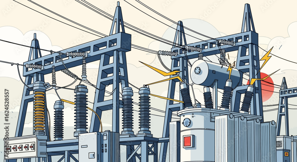 Industrial Power Grid Substation with Electrical Transformers and ...