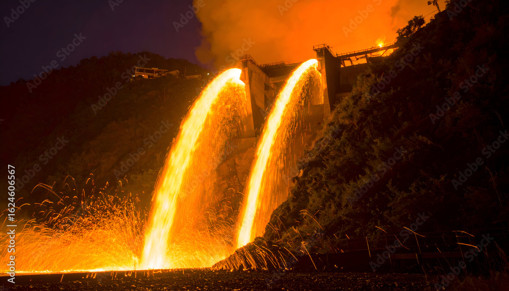 Twin Rivers of Fire: Molten Slag Cascades from an Industrial Dam at ...