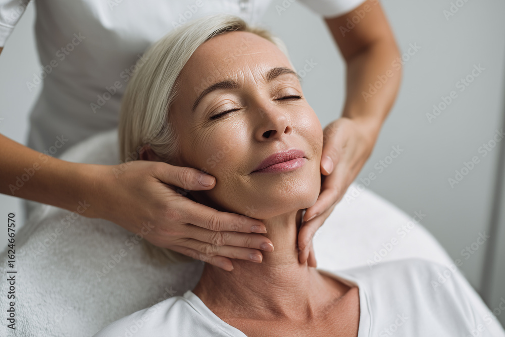 Stock-Foto „Relaxed mature woman enjoying a soothing facial massage in ...
