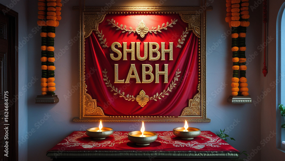 Stock-Foto „Auspicious shubh labh sign with lit diyas and marigold ...