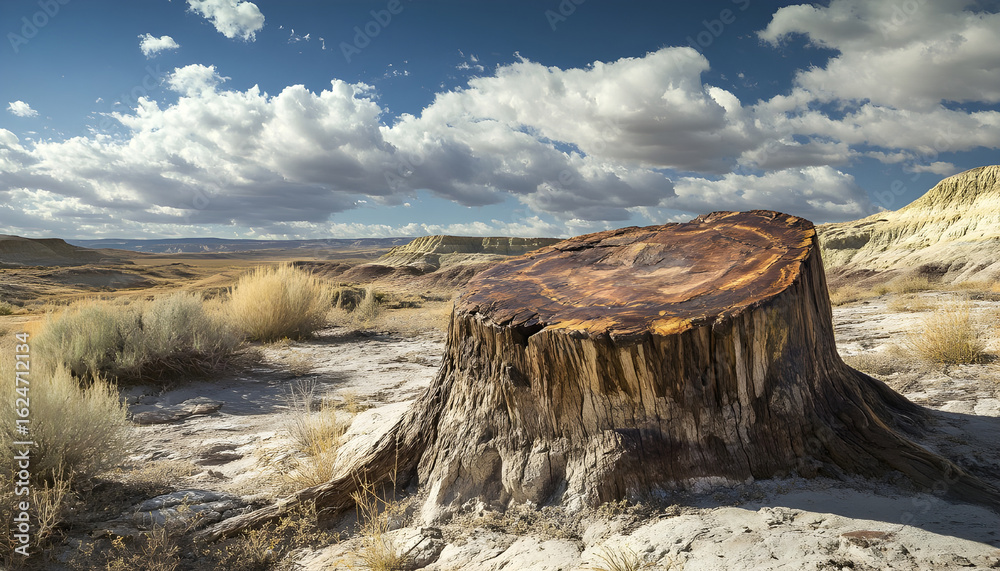 Petrified tree stump landscape under cloudy sky in the desert ...