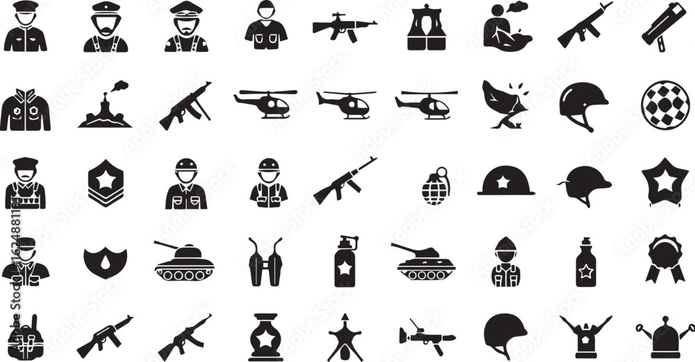 Monochrome Military Icons Featuring Soldiers Aircraft Tanks and Weapons ...