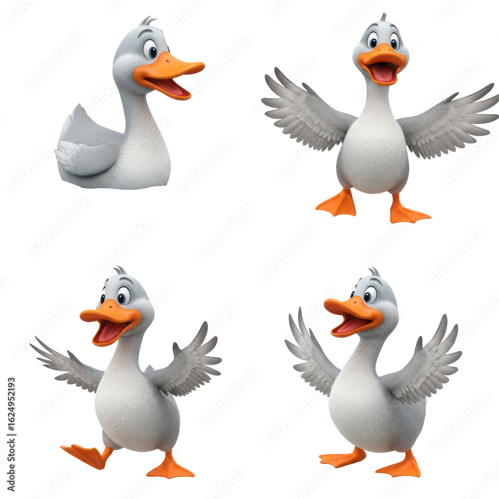3D cartoon goose and duck character set. Collection of cute white geese ...
