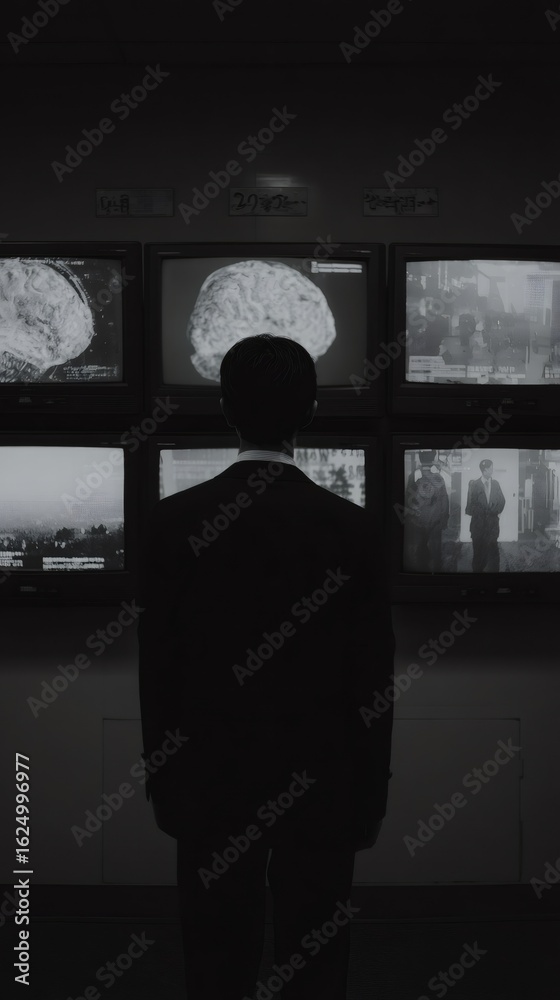 Man in suit watching multiple monitors displaying brain scans and city ...