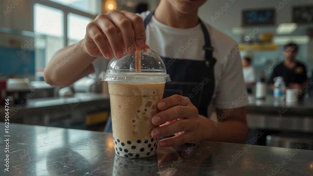 Bubble tea preparation: barista inserting straw into iced milk tea with ...