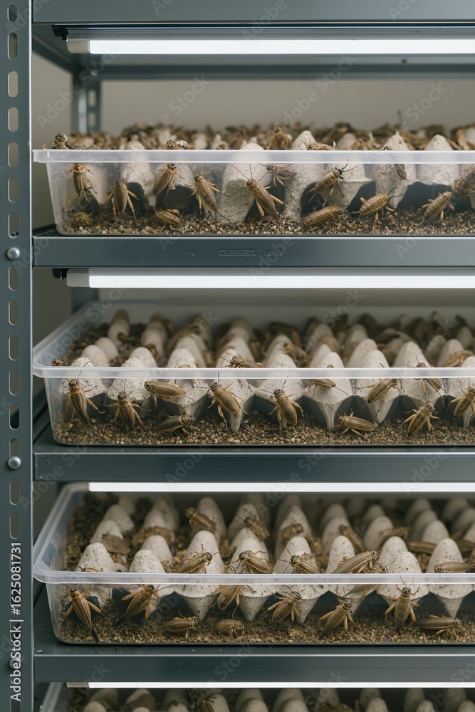 Crickets in plastic containers with egg cartons in a vertical farm on ...