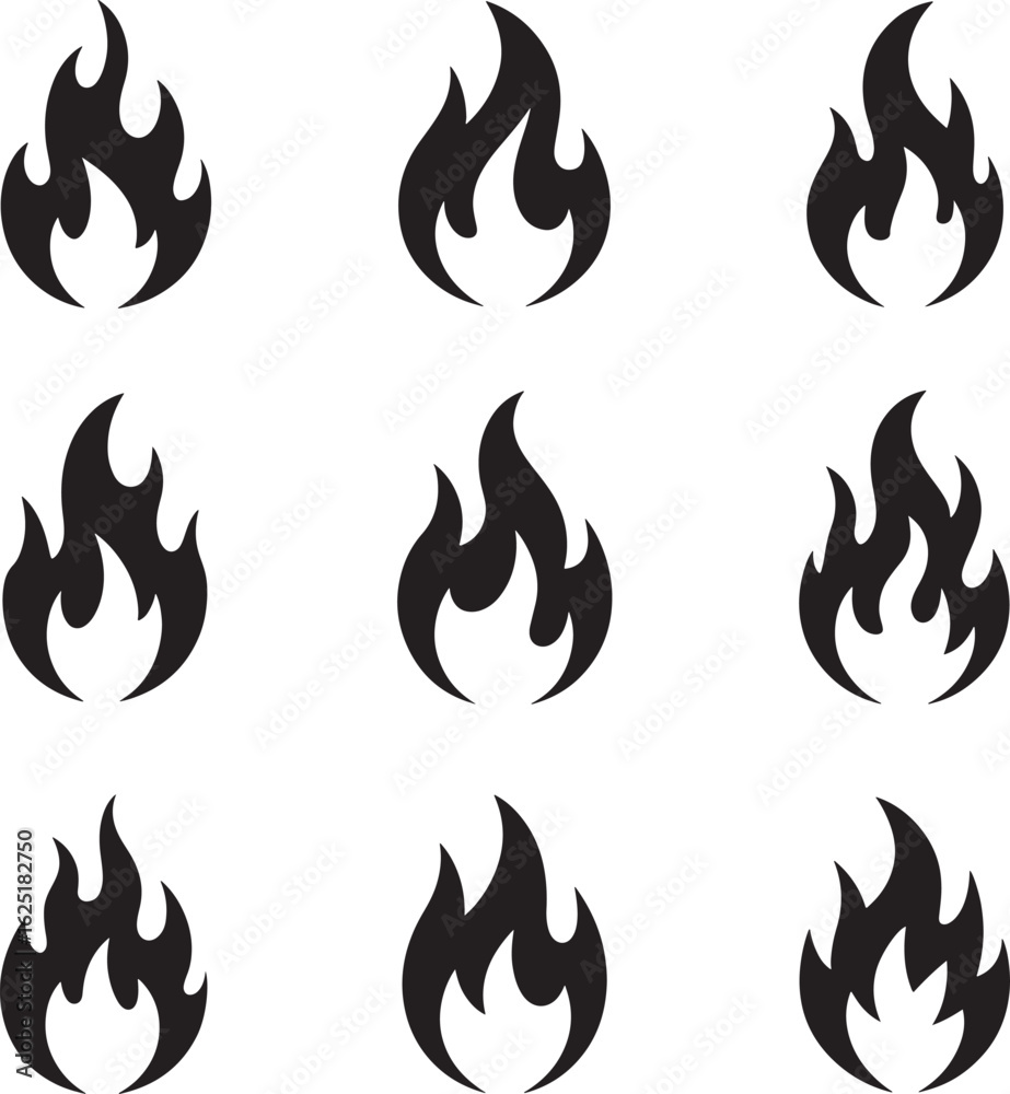 Collection of nine distinct black flame icons in a stylized silhouette ...