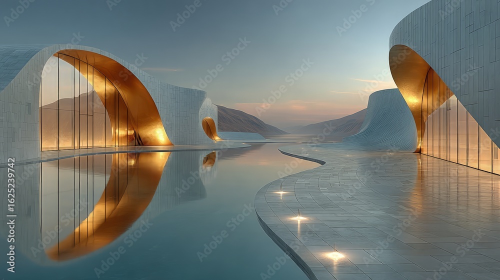 Luxury abstract exterior with gold leaf accents undulating walls and ...