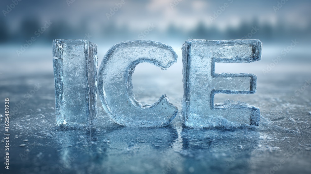 Ice letters forming the word “ICE” standing on a frozen surface in a ...