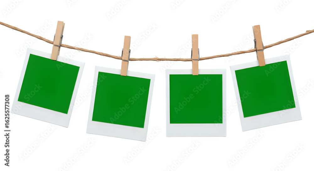 A row of four Chroma key Green format Polaroid frames pinned on a rope ...