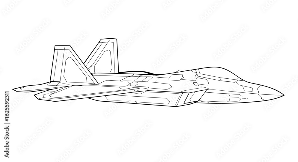 Detailed line art illustration of a stealth fighter jet poised for ...