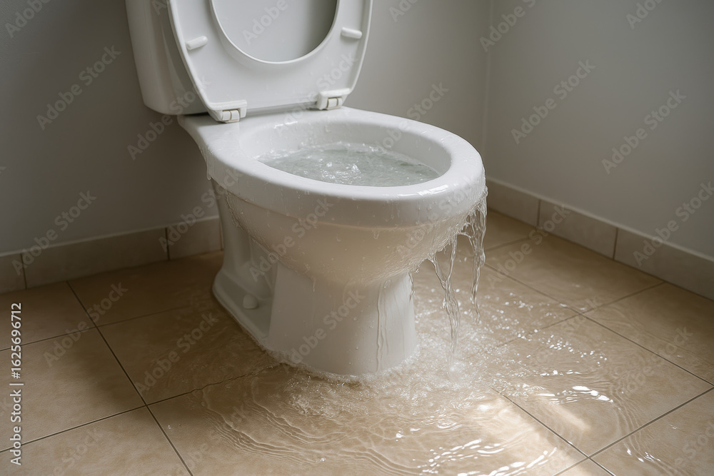 Foto de Stock Overflowing toilet with water spilling onto bathroom ...