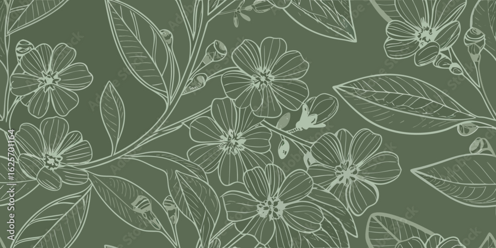 Elegant floral pattern with delicate flowers and leaves in a soft green ...