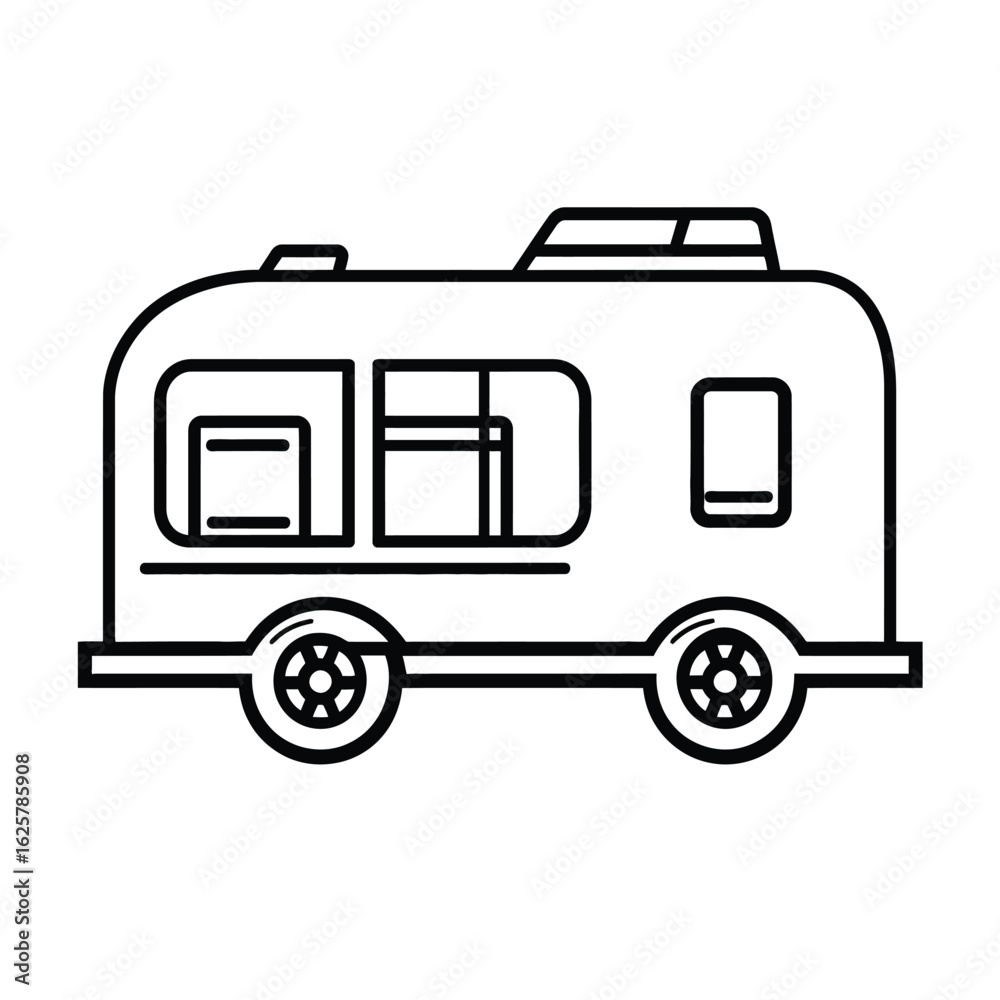 Black outline caravan with windows and tires on transparent background ...