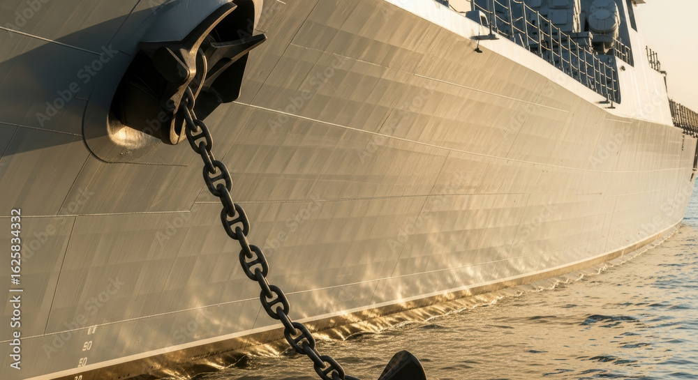 Foto Modern military battleship with anchor chain lowered in calm ...