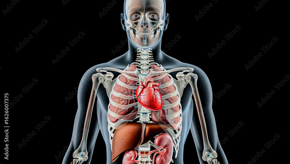 3D layered anatomy showing an X-ray overlay on a semi-transparent human ...
