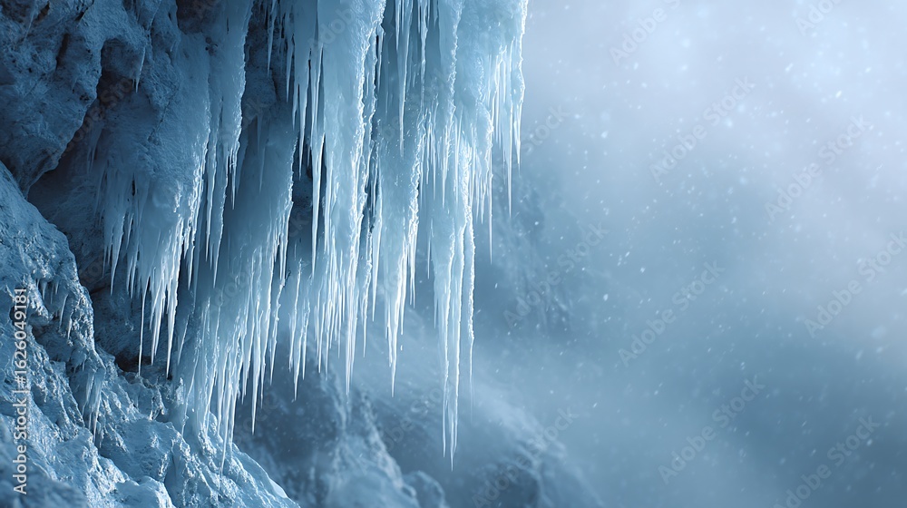 Enchanting frozen cave adorned with icicles forming along the walls ...