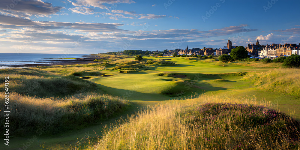Stunning view of historic links golf course with pot bunkers and ...