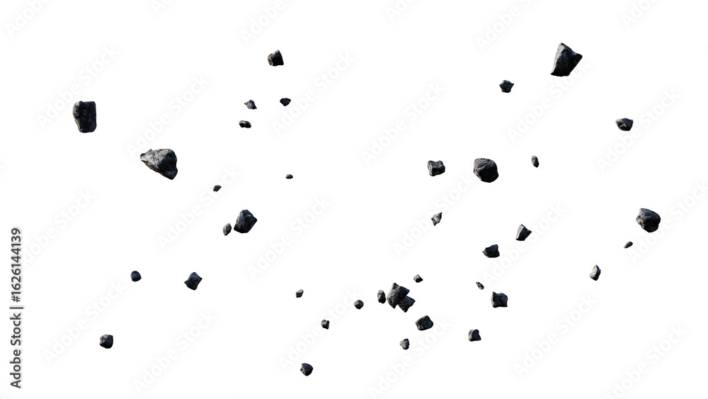 Dark rocks flying in the air, isolated on transparent background ...