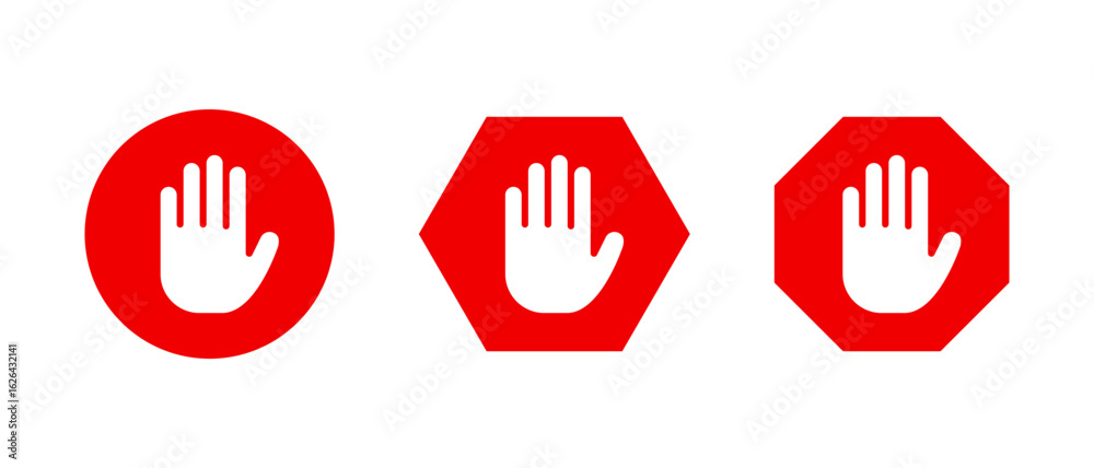 Stop hand sign in red circle and polygon shapes. Raised palm gesture ...