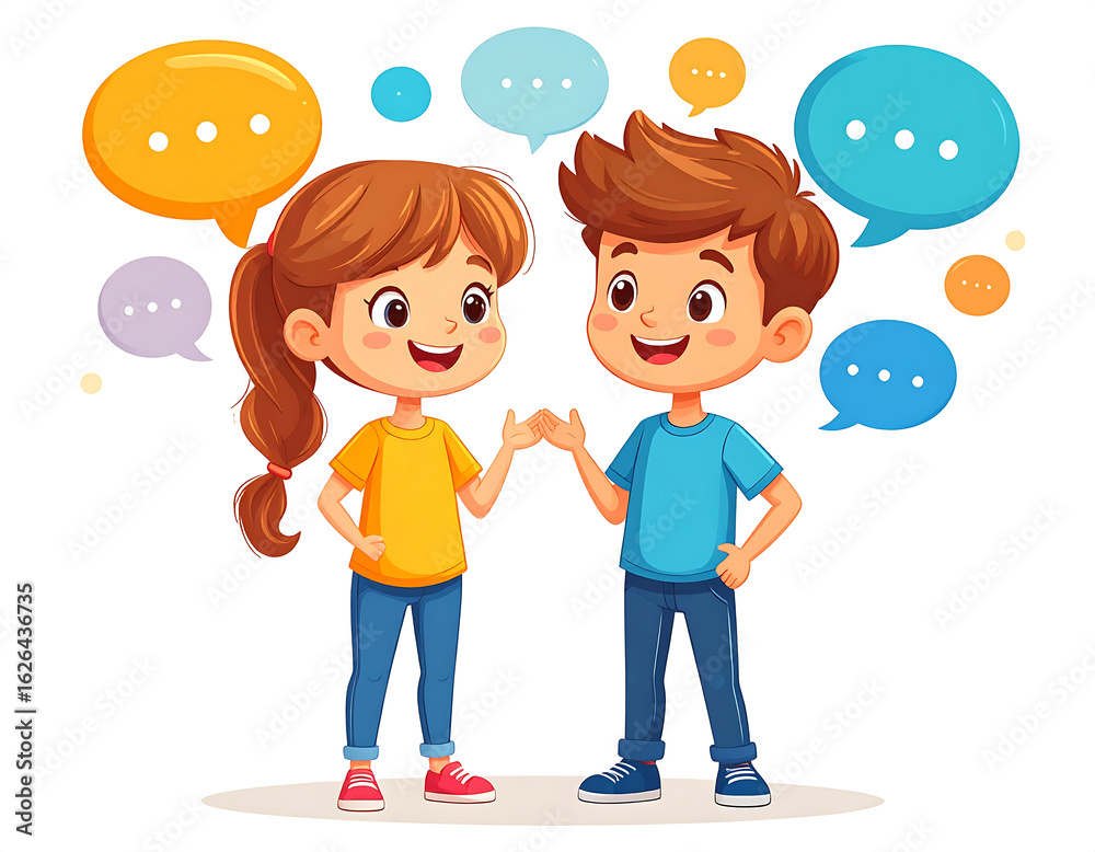 Two happy cartoon children talking with colorful speech bubbles around ...